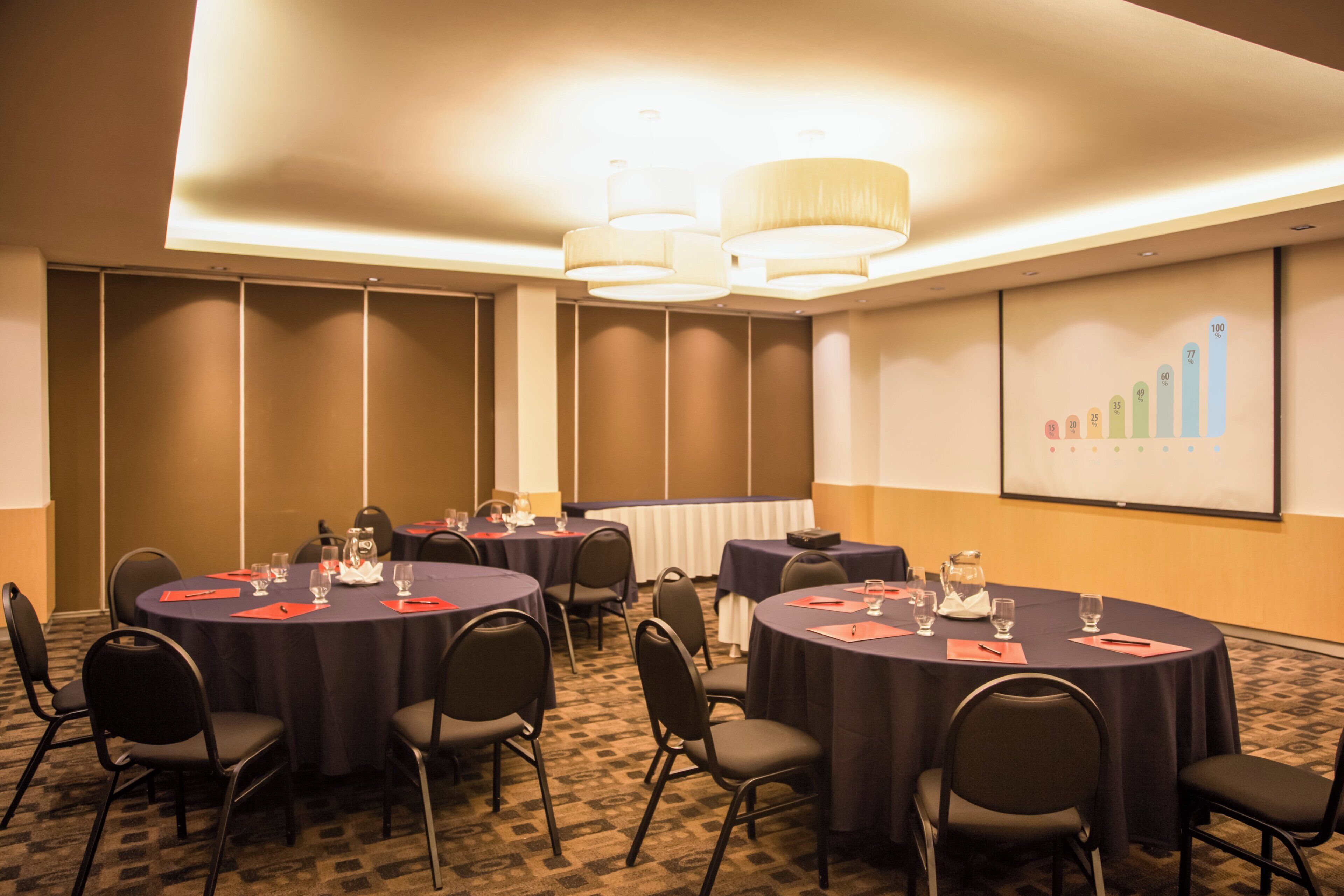 Sala de conferências com mesas redondas, cadeiras e tela de projetor exibindo um gráfico de barras.