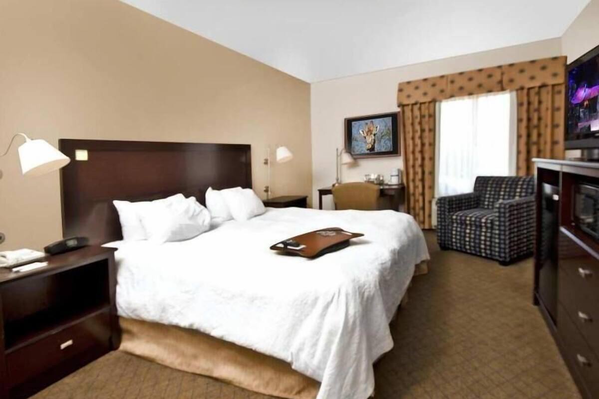 Quarto de hotel com uma cama grande, uma mesa, uma cadeira, uma TV e um quadro na parede.