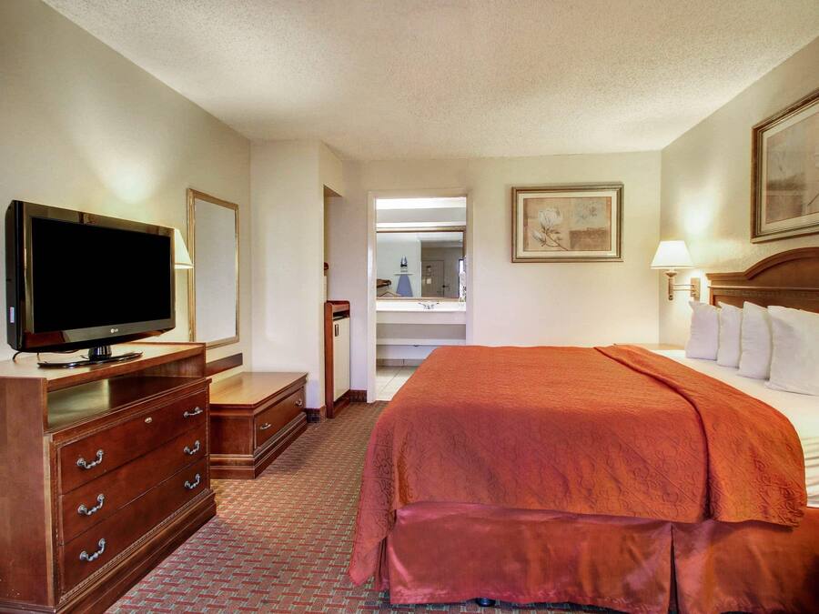 Quarto de hotel com uma cama, televisão, penteadeira, espelho e um quadro na parede.