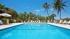 Piscina azul límpida com espreguiçadeiras e palmeiras.