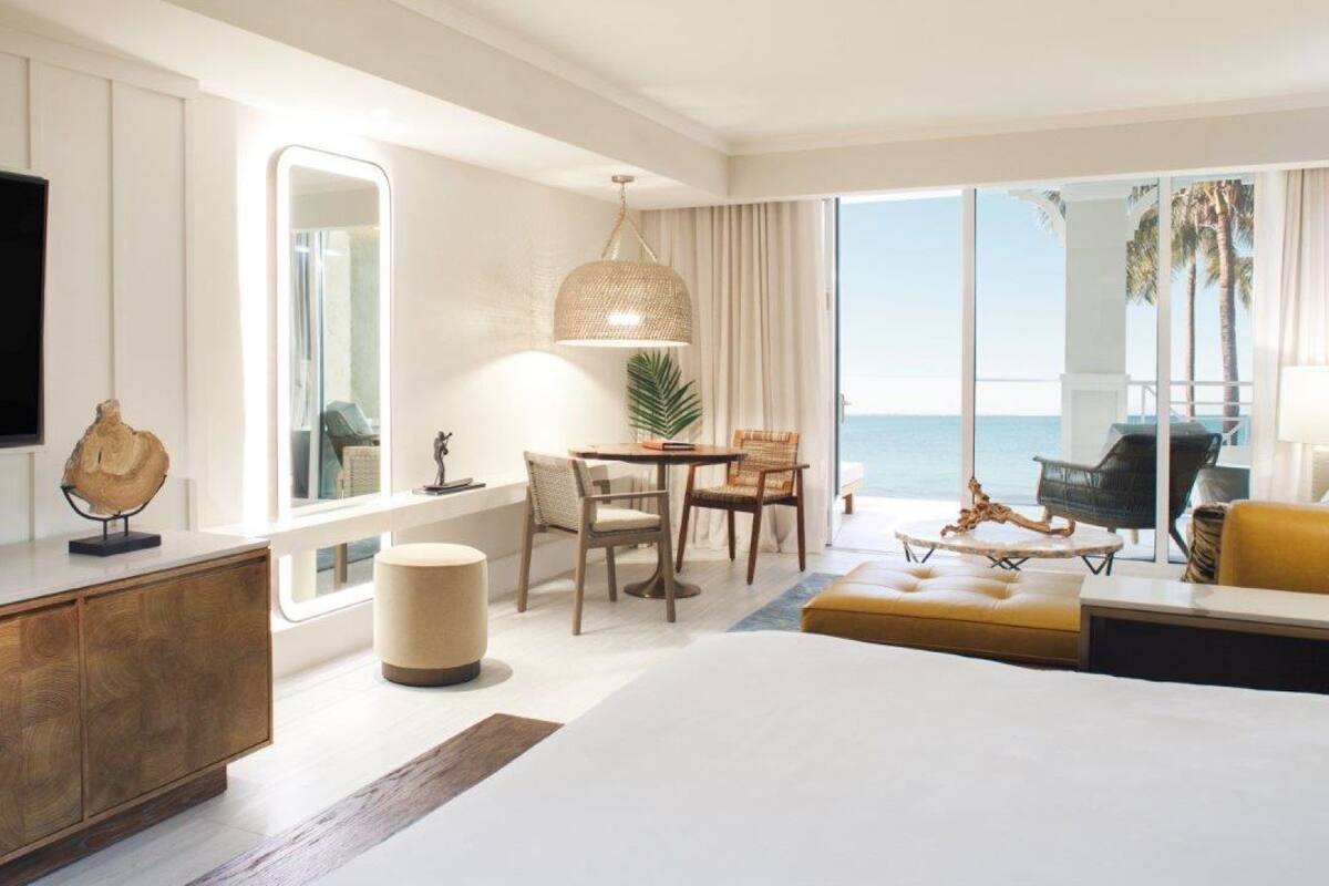 Quarto de hotel com uma cama grande, televisão, área de refeições com cadeiras, mesa e vista para o oceano.