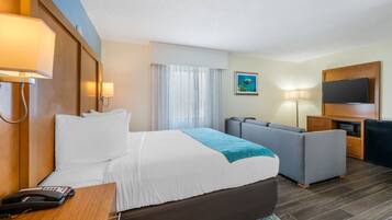 Quarto de hotel com cama, escrivaninha, sofá, televisão e janela com cortinas.