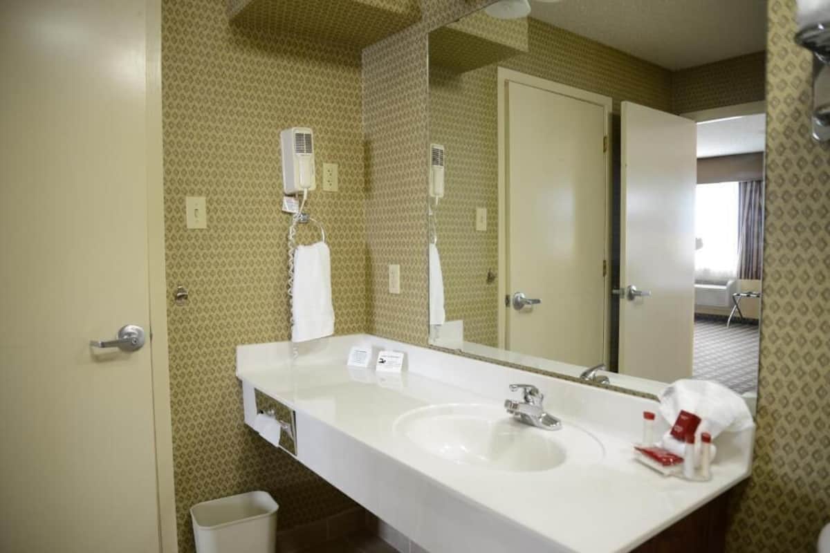Uma casa de banho de hotel com uma pia branca, um espelho e um porta-toalhas.