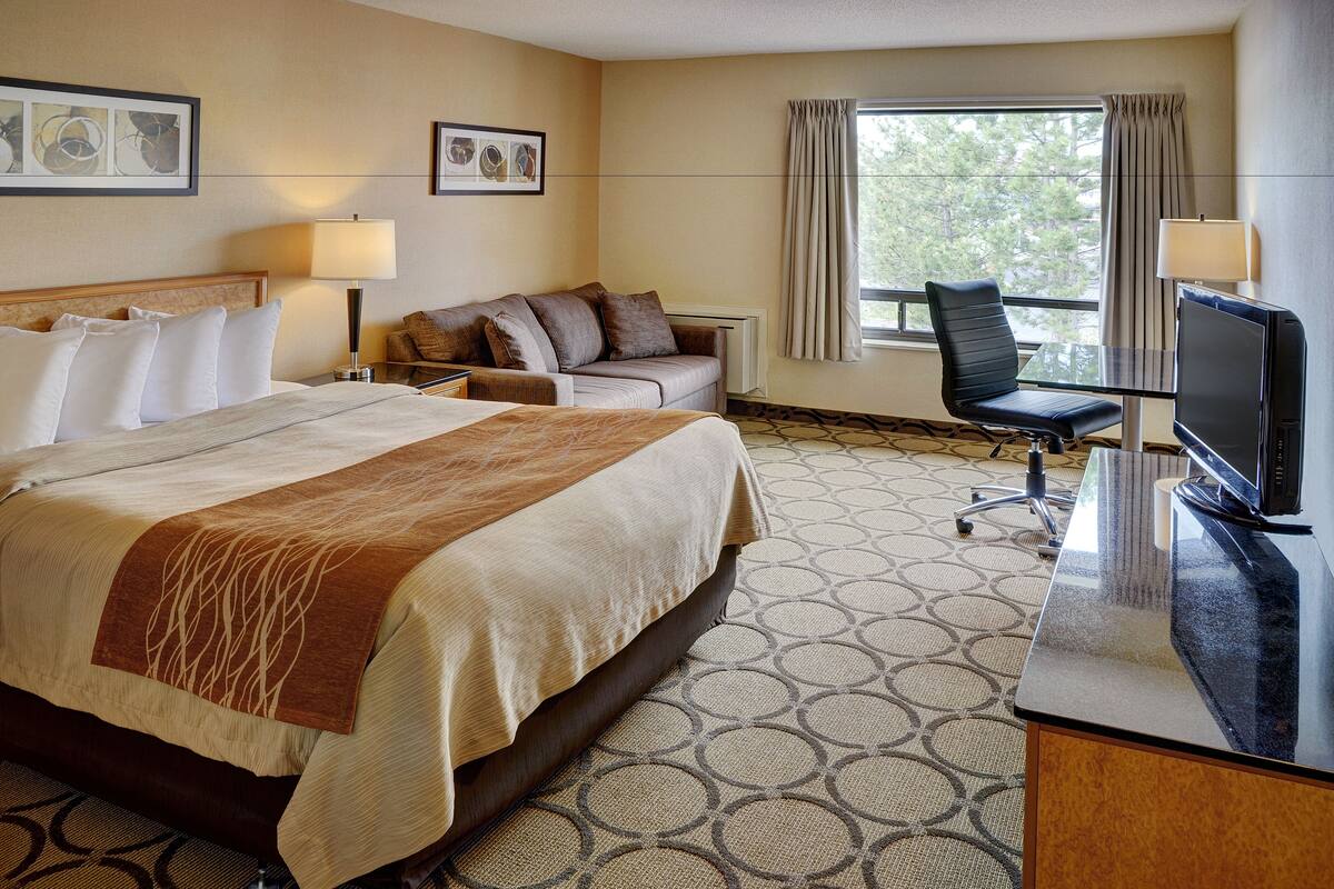 Quarto de hotel com uma cama grande, uma escrivaninha com computador, uma cadeira e uma televisão.