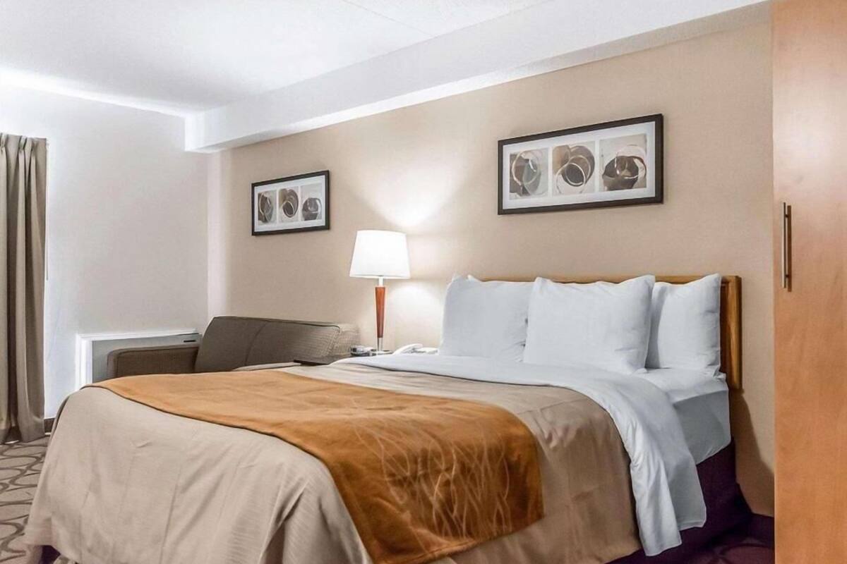 Quarto de hotel com cama, escrivaninha, cadeira, abajur e duas molduras na parede.