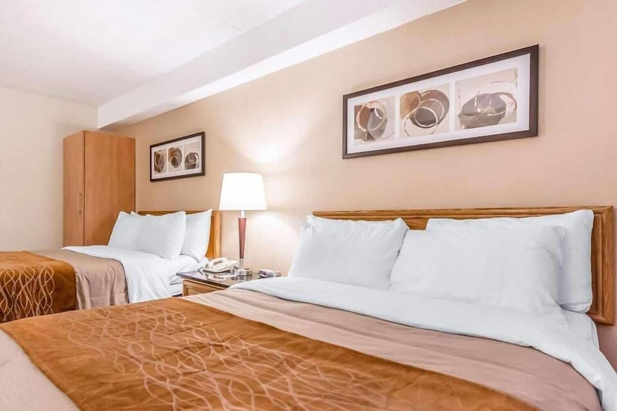 Quarto de hotel com duas camas, mesa de cabeceira com abajur, telefone e quadros nas paredes.