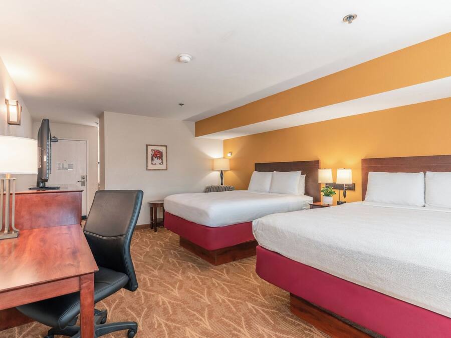 Quarto de hotel com duas camas, uma escrivaninha, uma cadeira e uma televisão.