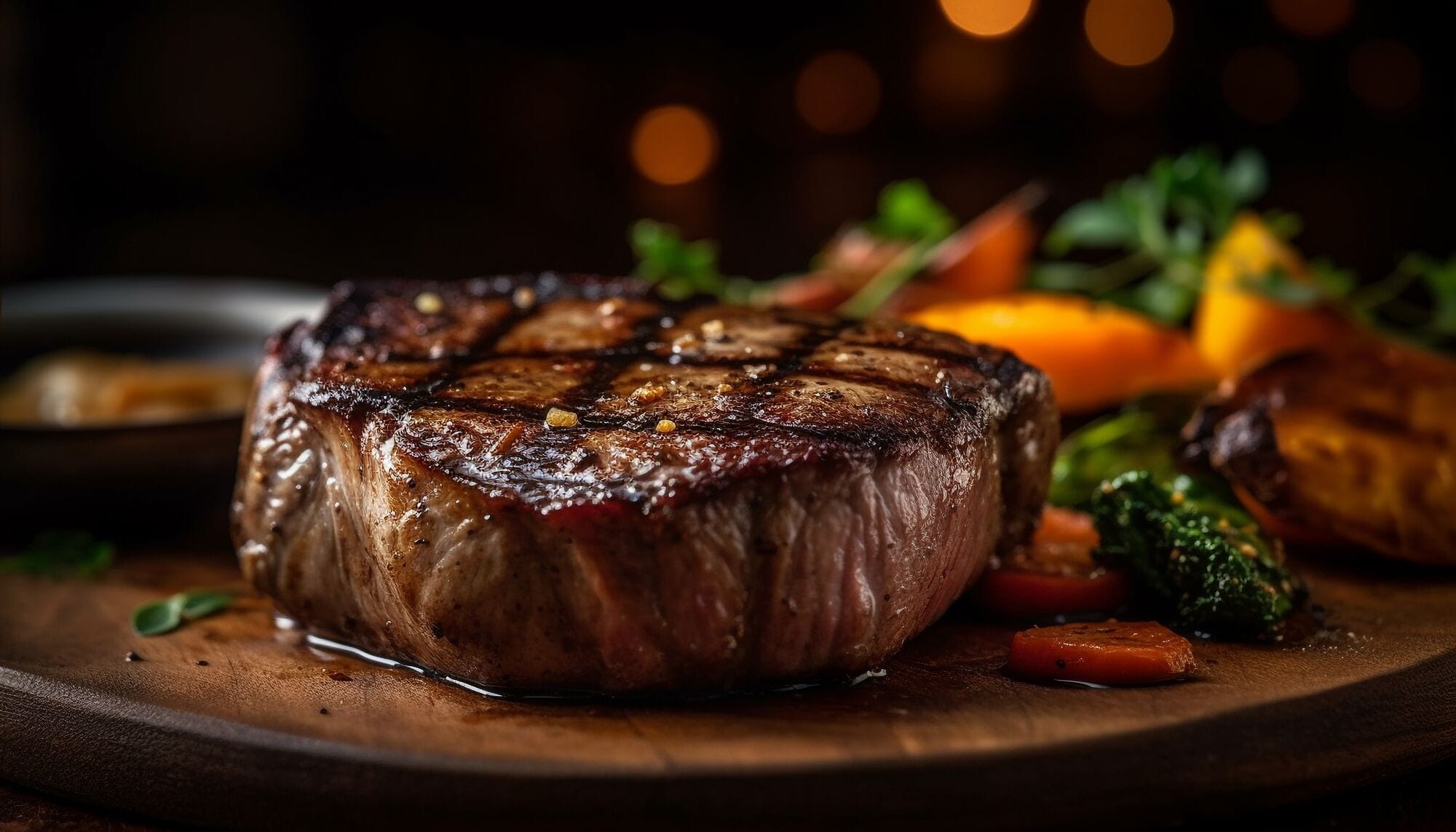 Um bife grelhado com legumes sobre uma tábua de madeira.