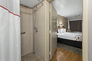 Quarto de hotel com chuveiro, cama, mesa de cabeceira e cabeceira.