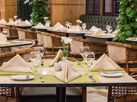 Ambiente de restaurante com mesas preparadas para refeições, destacando jogos americanos verdes, guardanapos dobrados e copos de vidro transparente.