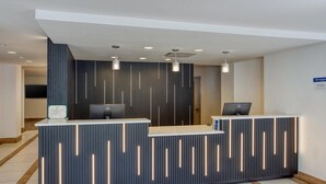 Uma receção com design moderno, apresentando fitas verticais de luz e uma superfície plana.