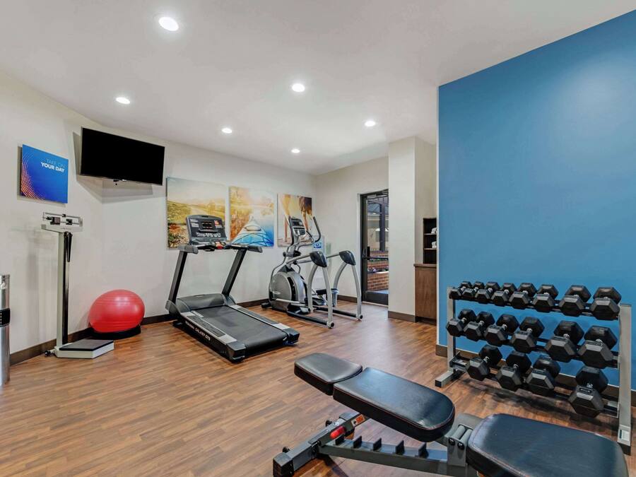 Uma academia com esteiras, bicicleta ergométrica, uma bola de exercício vermelha e um banco.