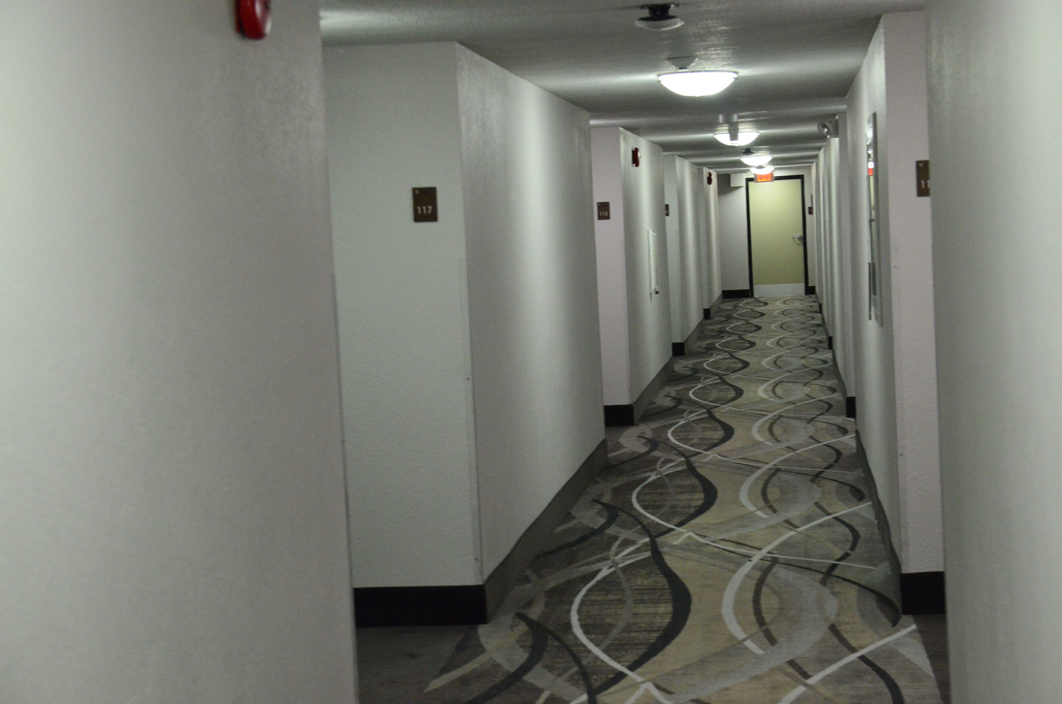 Corredor comprido e estreito de hotel, com carpete estampado, paredes brancas e portas numeradas 117 e 118.