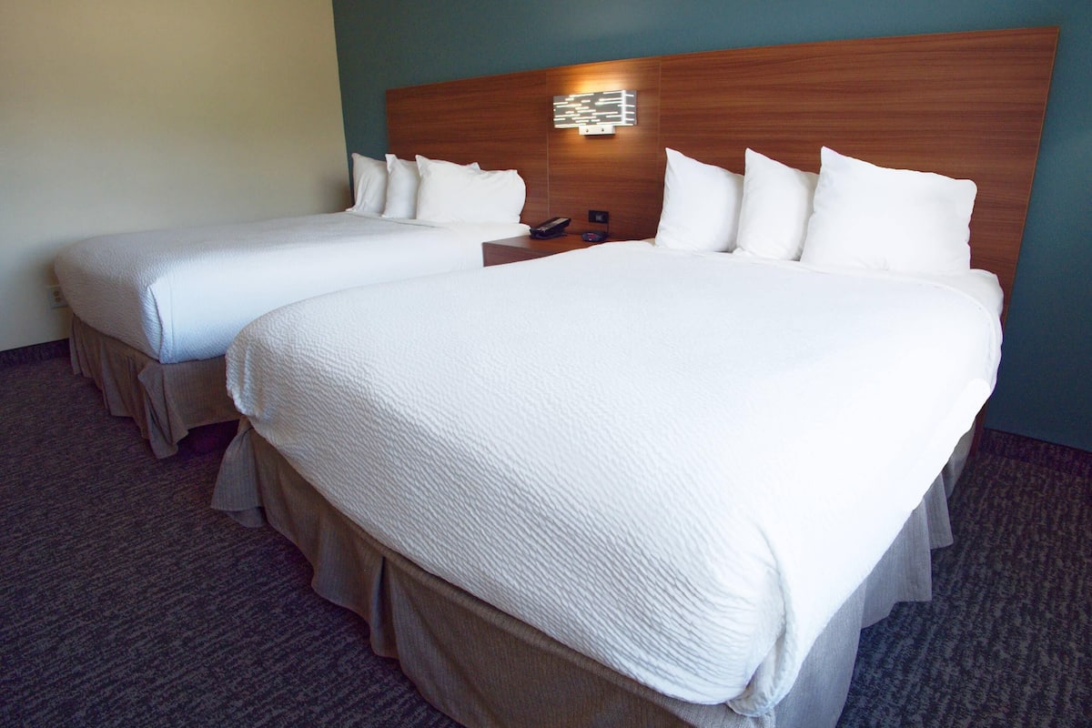 Quarto de hotel com duas camas, cabeceira de madeira, luz acoplada na parede e piso carpeteado.