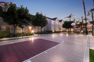 Quadra de basquete ao ar livre com cerca de arame, árvores e casas ao fundo.