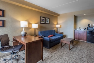 Quarto de hotel com escrivaninha, cadeira, sofá e cozinha compacta.