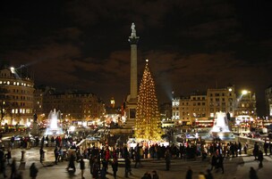 Uma praça pública com uma grande árvore de Natal iluminada e um monumento central.