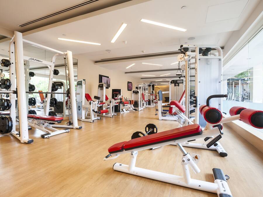 Uma academia com diversos equipamentos de ginástica, incluindo aparelhos de musculação e pesos livres, dispostos sobre piso de madeira.