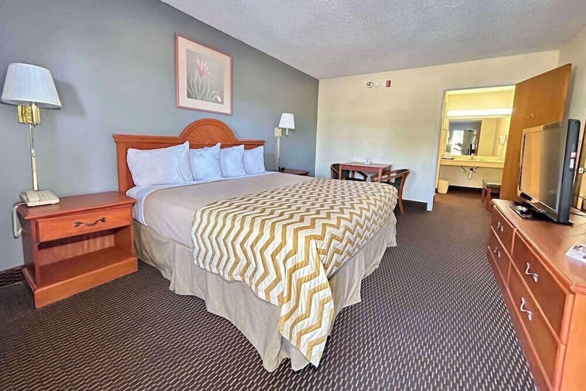 Quarto de hotel com uma cama, mesas de cabeceira, escrivaninha, cadeira, televisão e espelho.