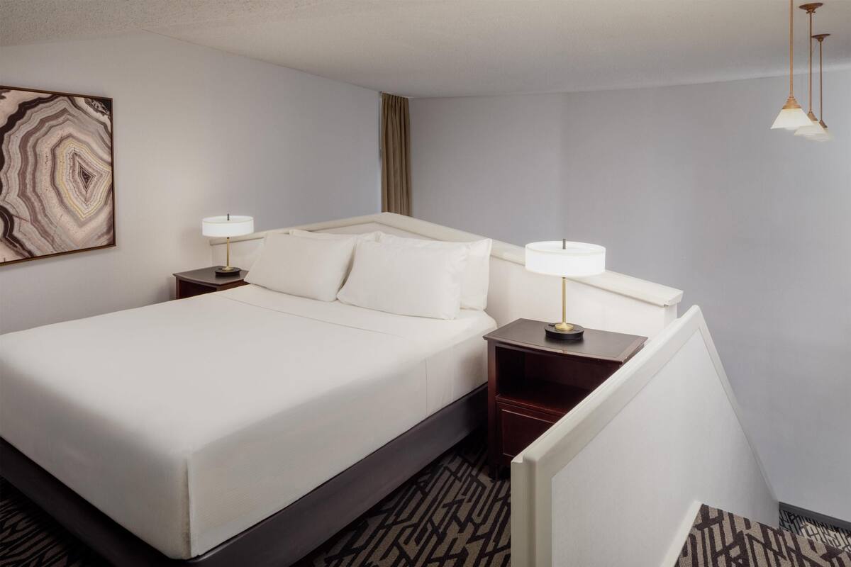 Quarto de hotel com uma cama grande, duas mesas de cabeceira com luminárias, uma cabeceira, uma obra de arte na parede e um tapete estampado.