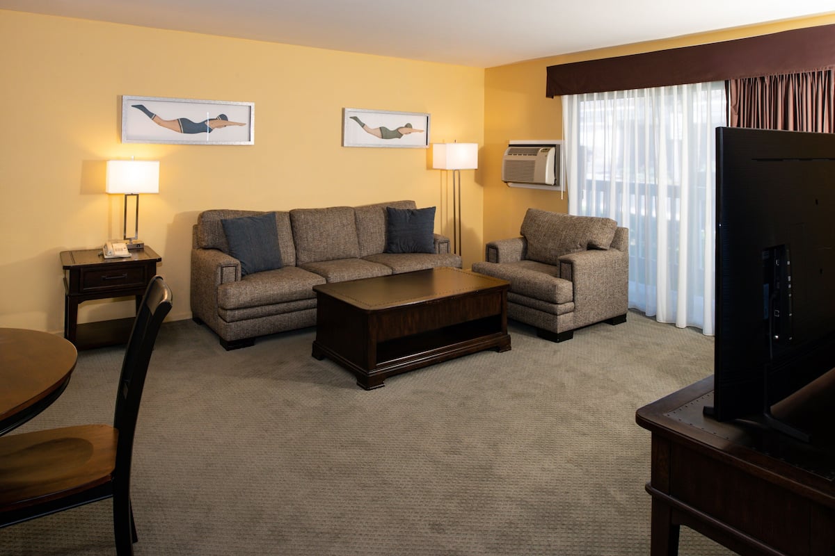 Quarto de hotel com sofá, mesa de centro, televisão e luminária.