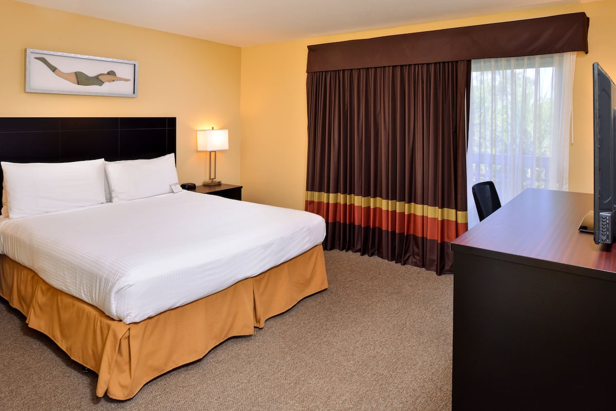 Quarto de hotel com uma cama grande, uma escrivaninha, uma cadeira, uma televisão, um abajur e uma janela com cortinas.