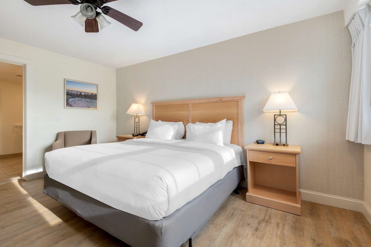 Quarto de hotel com uma cama grande, duas mesas de cabeceira com luminárias, um ventilador de teto e um quadro na parede.