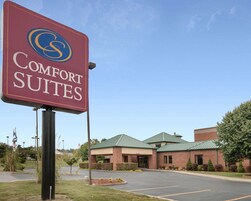 Placa do hotel Comfort Suites, com um edifício de tijolos e telhados verdes ao fundo.