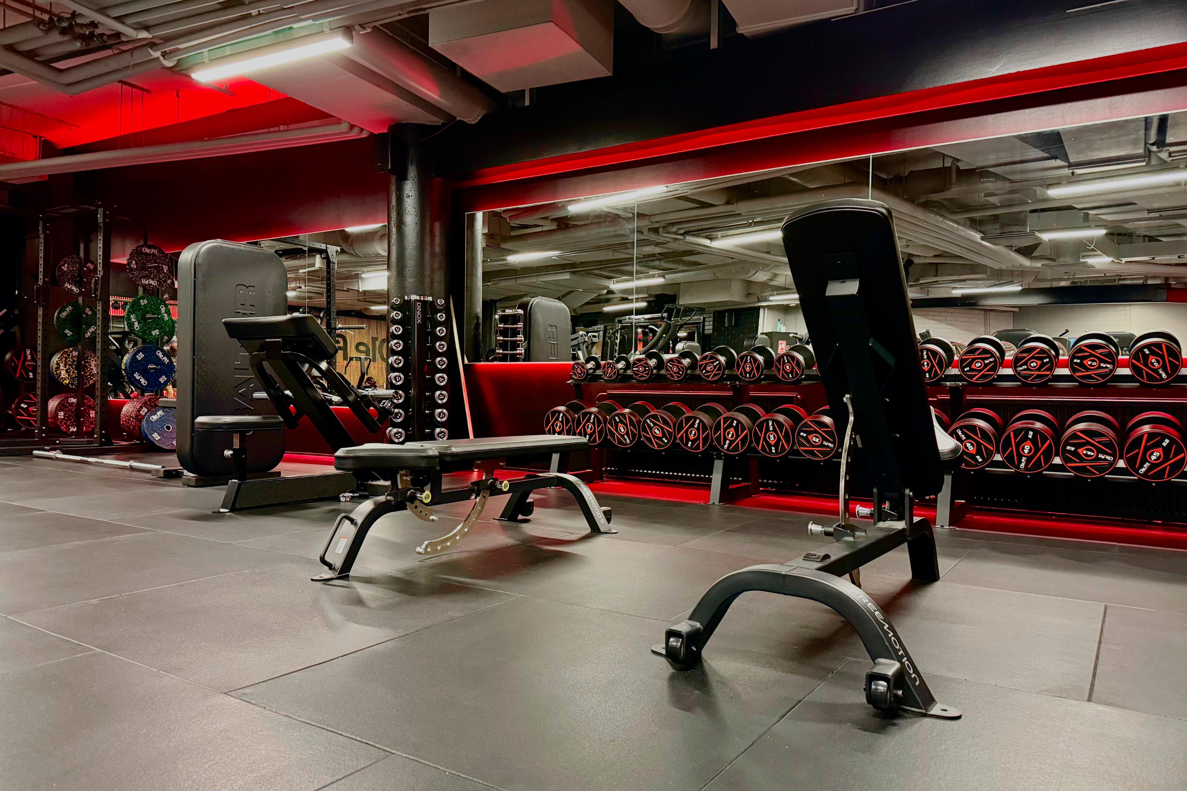 Academia com equipamentos de musculação e um espelho grande.