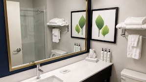 Um banheiro moderno com um espelho grande, pia branca e vaso sanitário. Há toalhas e produtos de higiene no balcão.
