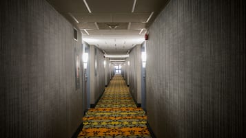 Um corredor comprido e estreito, com carpete estampado e luminárias ao longo das paredes.