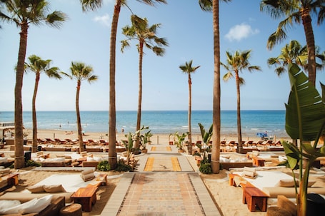 Na praia, espreguiçadeiras, guarda-sóis, toalhas de praia . Don Carlos Marbella