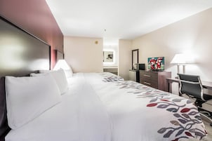 Quarto de hotel com cama grande, escrivaninha, cadeira, televisão e espelho.