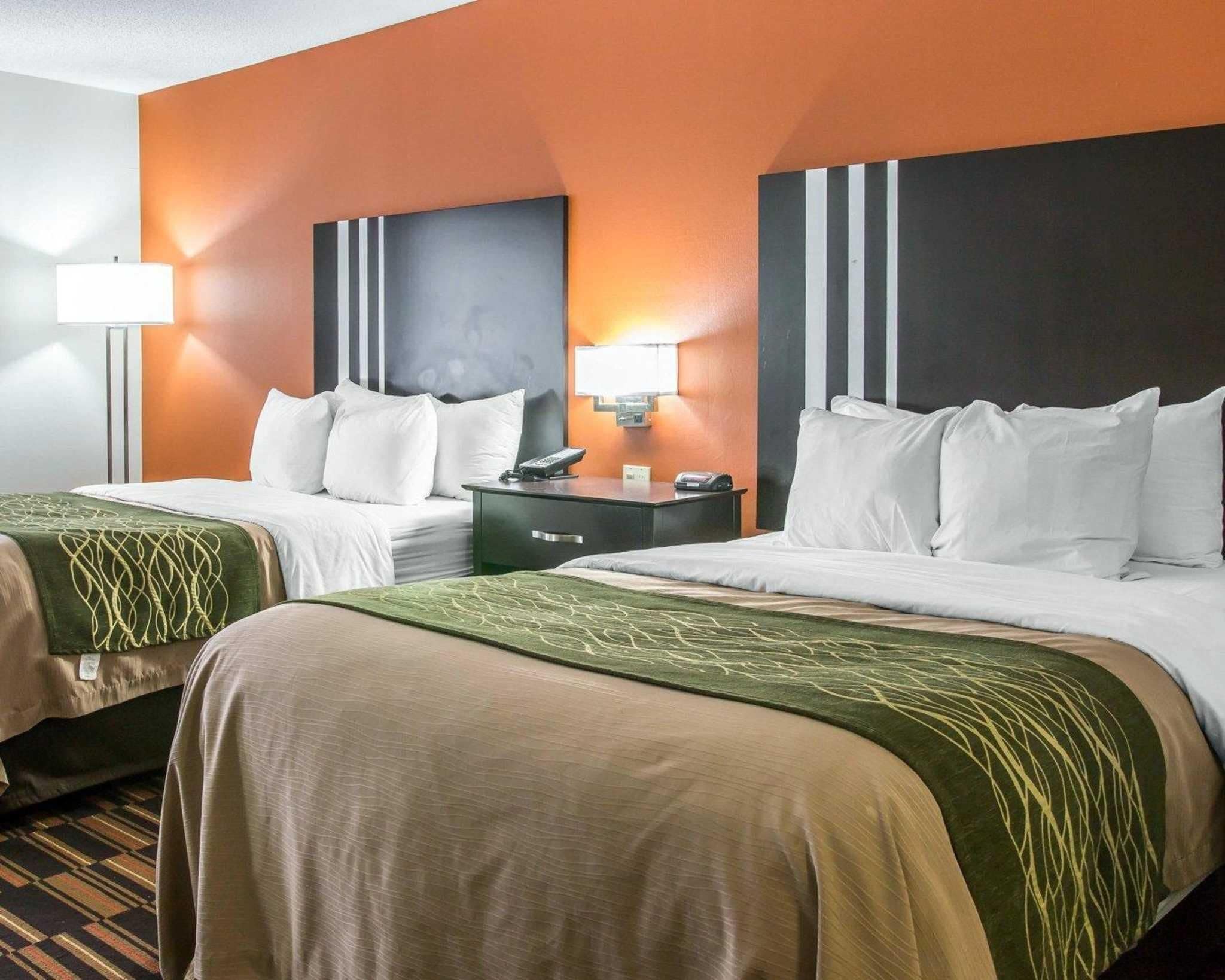 Quarto de hotel com duas camas, cada uma com cabeceira, mesa de cabeceira e luminária, além de telefone.