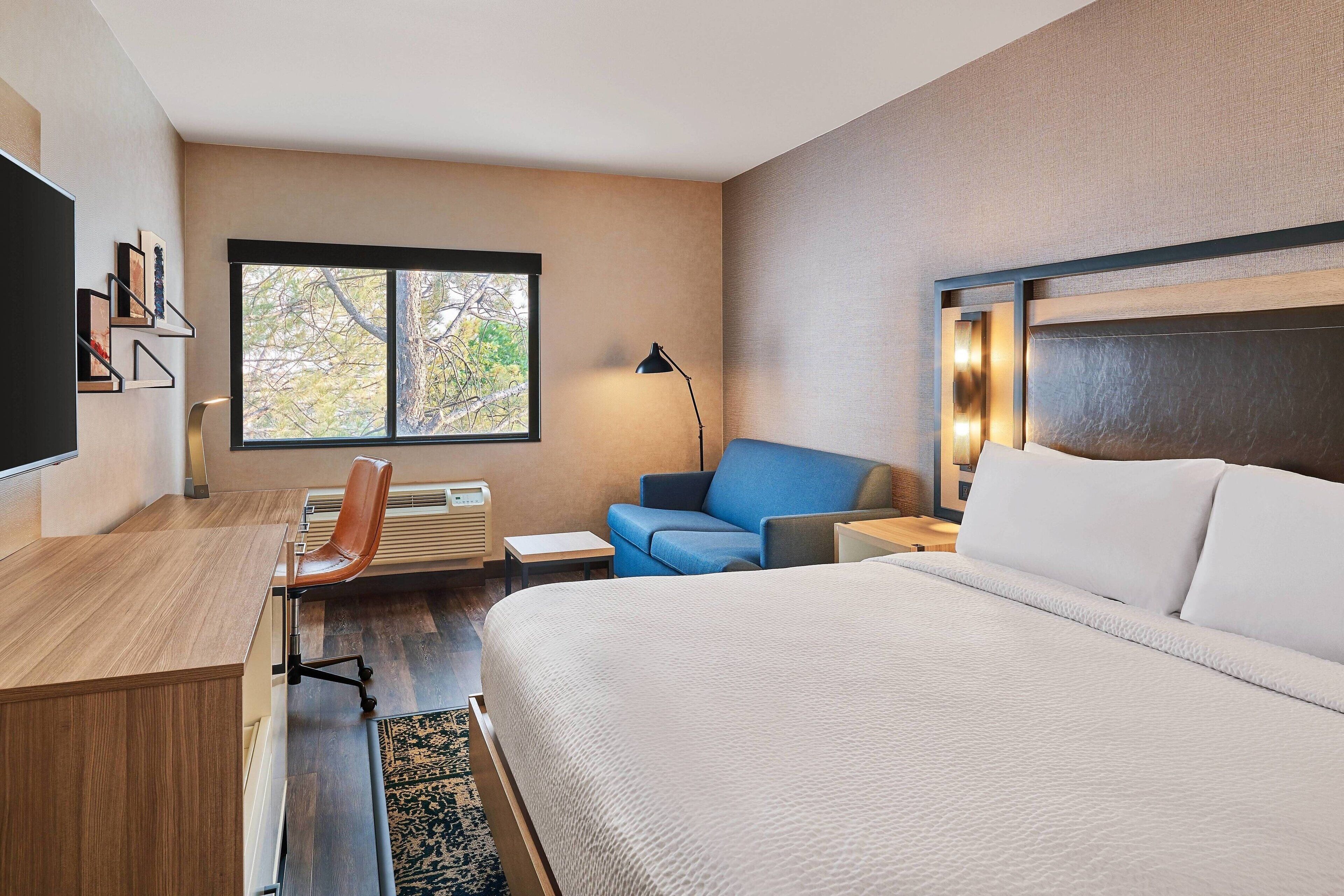 Quarto de hotel moderno com cama, escrivaninha, cadeira, sofá, luminária e janela com vista para árvores.