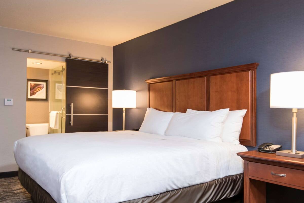 Quarto de hotel com cama grande, duas luminárias laterais, cabeceira de madeira, mesa de cabeceira com telefone e porta que dá para um banheiro.
