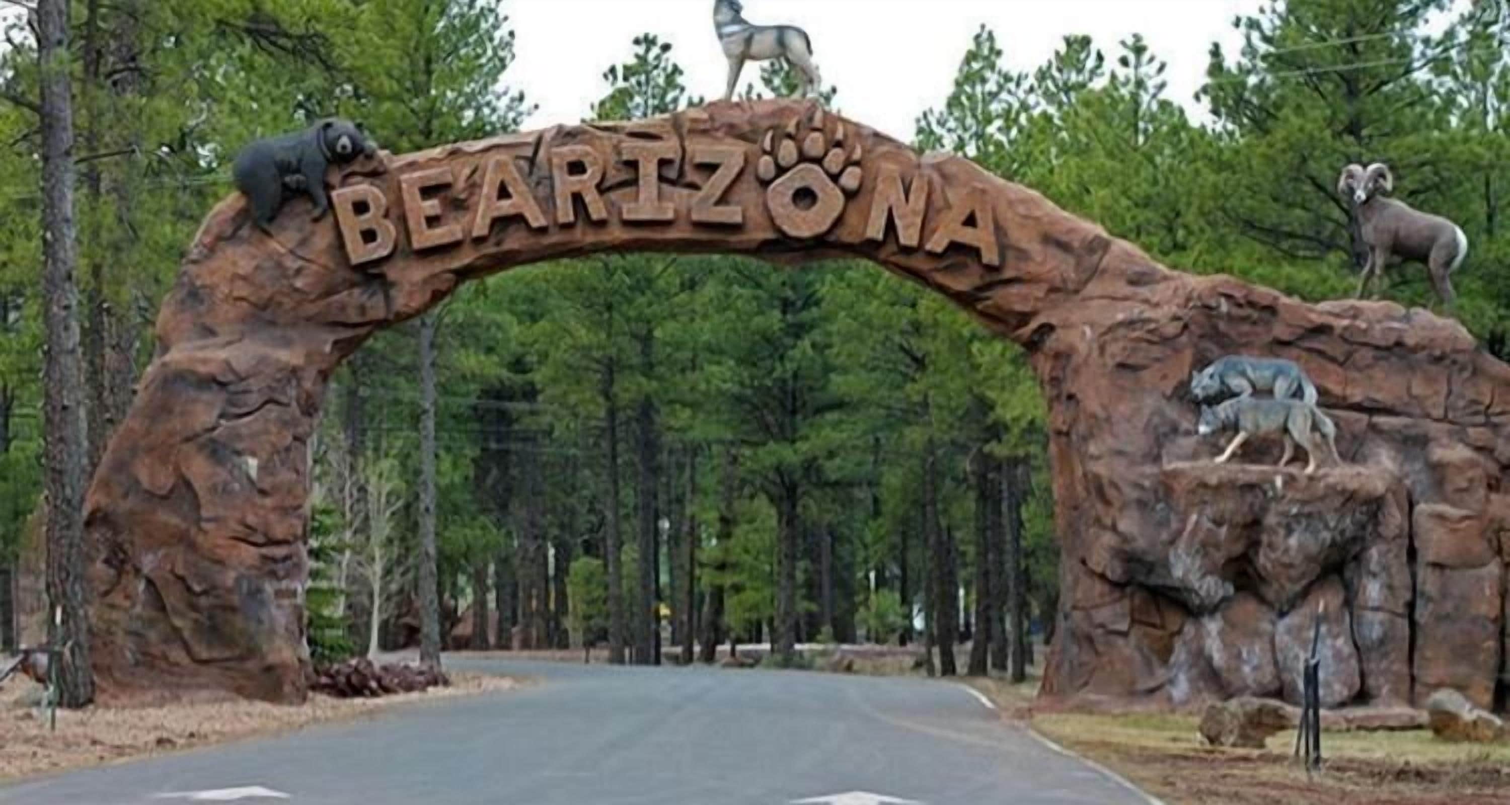 Um arco de madeira com o texto "BEARIZONA" e esculturas de animais.
