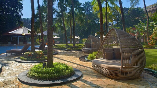 Uma área à beira da piscina com espreguiçadeiras, uma cadeira pendular esférica e um jardim bem cuidado com palmeiras e arbustos.