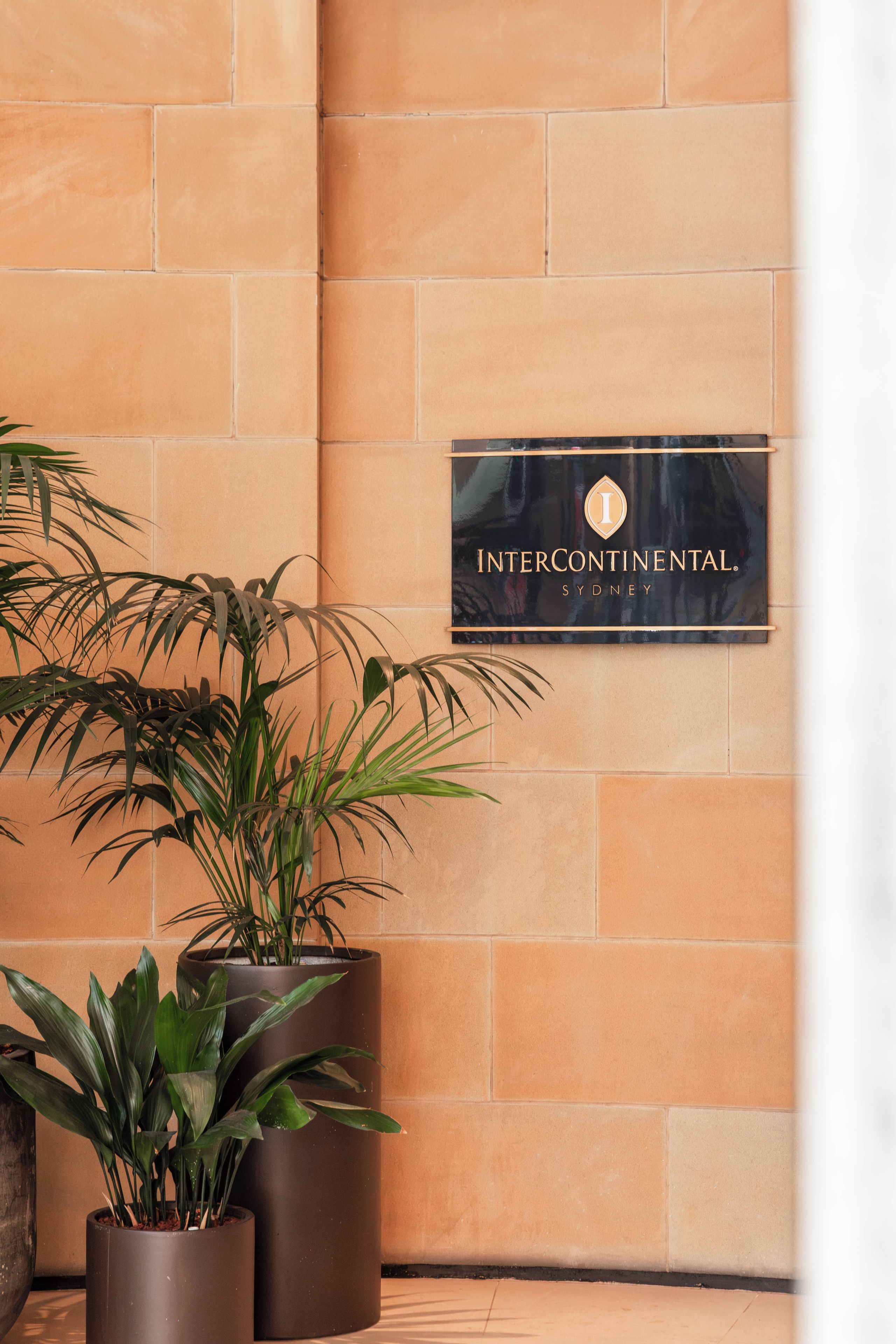 Placa do Intercontinental Sydney, parede com azulejos e plantas em vasos.