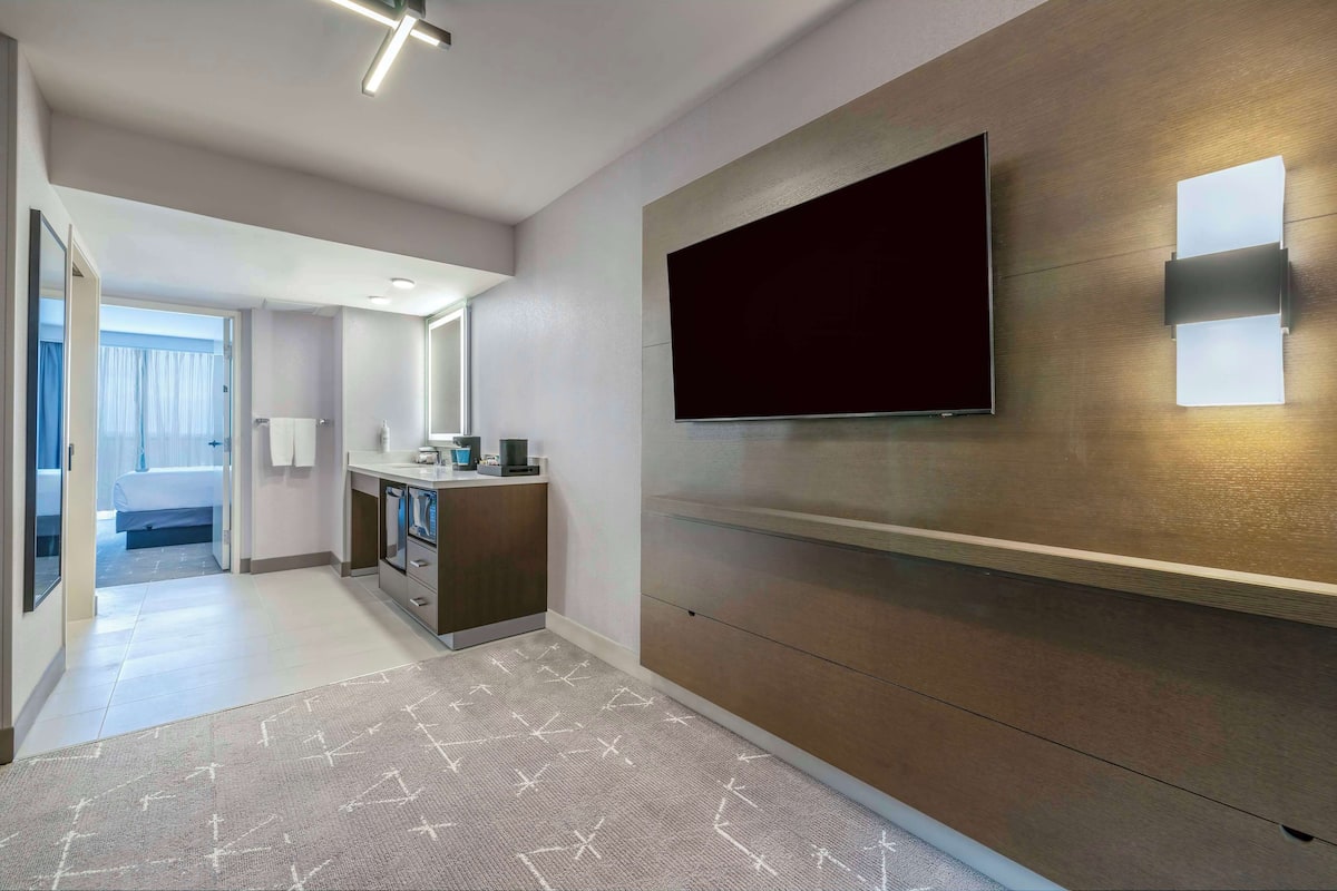 Quarto de hotel moderno com uma grande TV de tela plana na parede, um armário de madeira abaixo e um tapete estampado no chão.