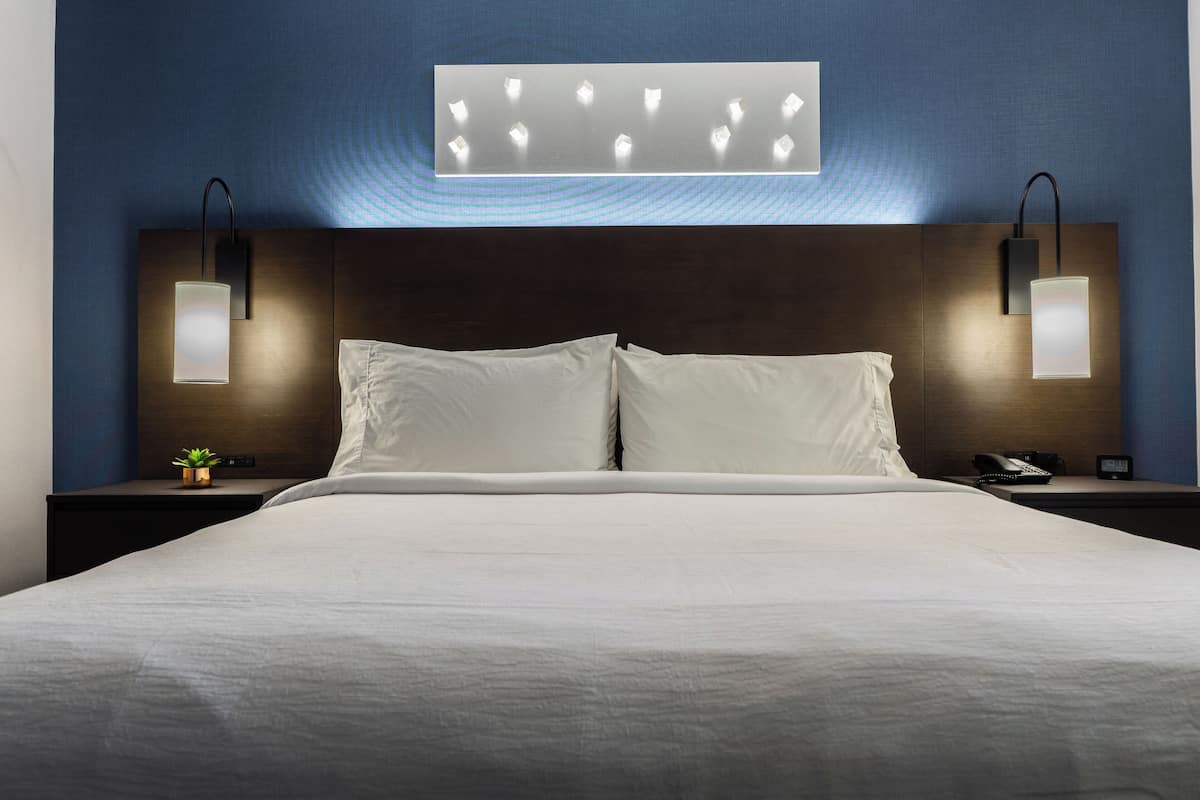 Quarto de hotel com uma cama grande, duas mesas de cabeceira, uma luminária na parede e uma pequena planta sobre uma das mesas.