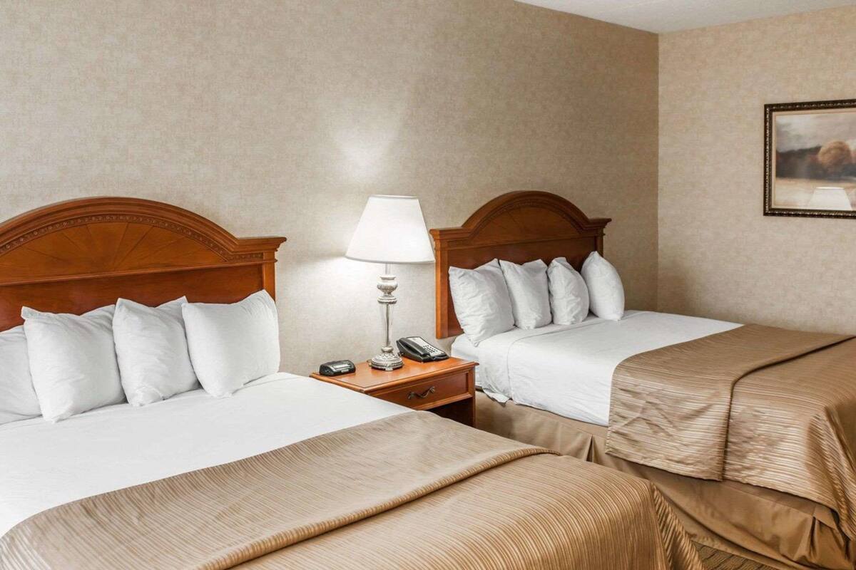 Quarto de hotel com duas camas, cada uma com roupa de cama branca e cabeceira de madeira. Há uma mesa de cabeceira com uma luminária, um telefone e um pequeno relógio. O quarto tem uma paleta de cores neutra, com paredes bege e um quadro na parede.