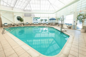 Piscina interna com água cristalina, cercada por espreguiçadeiras e plantas em vasos.