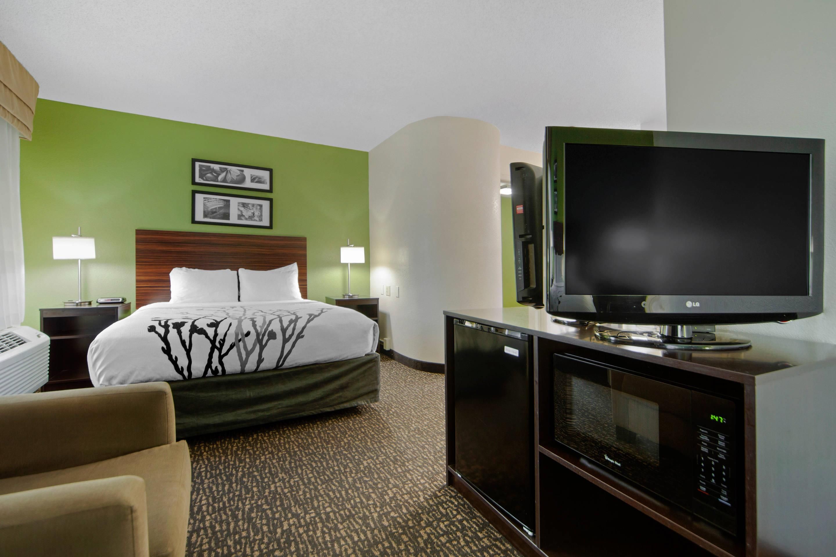 Quarto de hotel com cama, televisão, micro-ondas e uma pequena mesa.