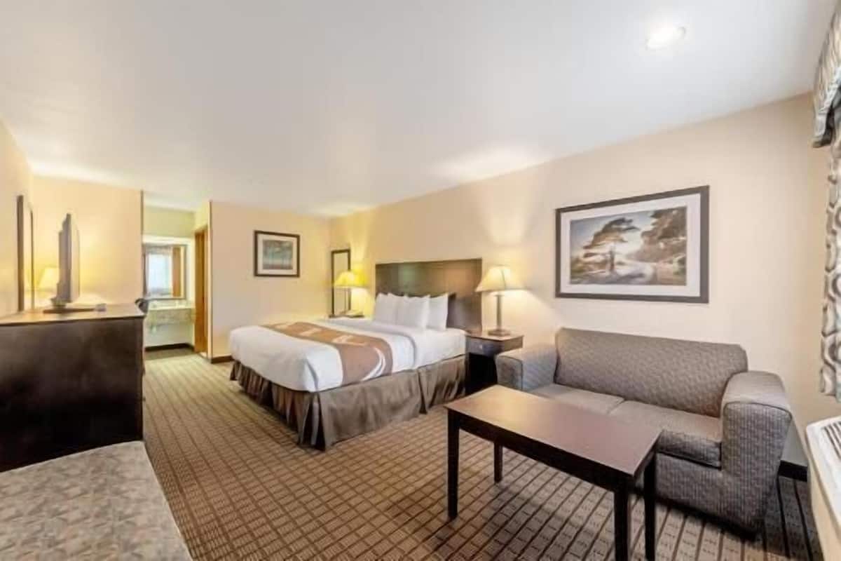Quarto de hotel com cama, sofá, mesa, abajur, quadro e espelho.