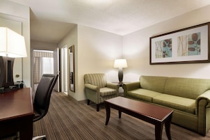 Quarto de hotel com escrivaninha, poltrona listrada, sofá verde, luminária e quadro na parede.