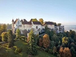Um imponente edifício semelhante a um castelo, com várias torres e uma muralha fortificada, cercado por vegetação densa.