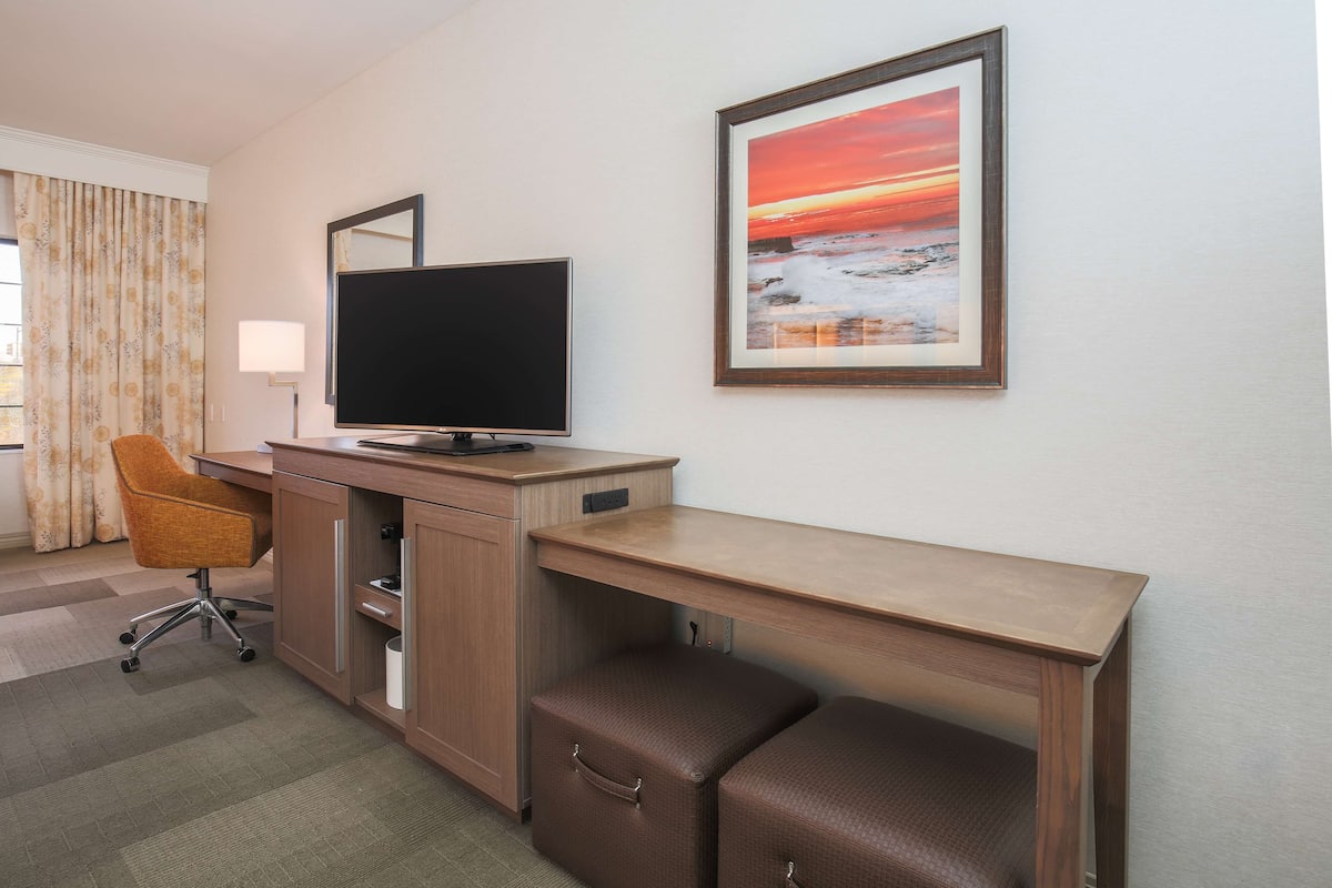 Quarto de hotel com escrivaninha de madeira, televisão, cadeira, armário pequeno e quadro na parede.