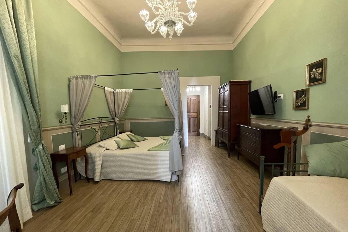 Quarto com cama de dossel, escrivaninha de madeira, televisão e guarda-roupa.