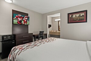 Quarto de hotel com cama, escrivaninha, cadeira, televisão, cômoda e um quadro na parede.